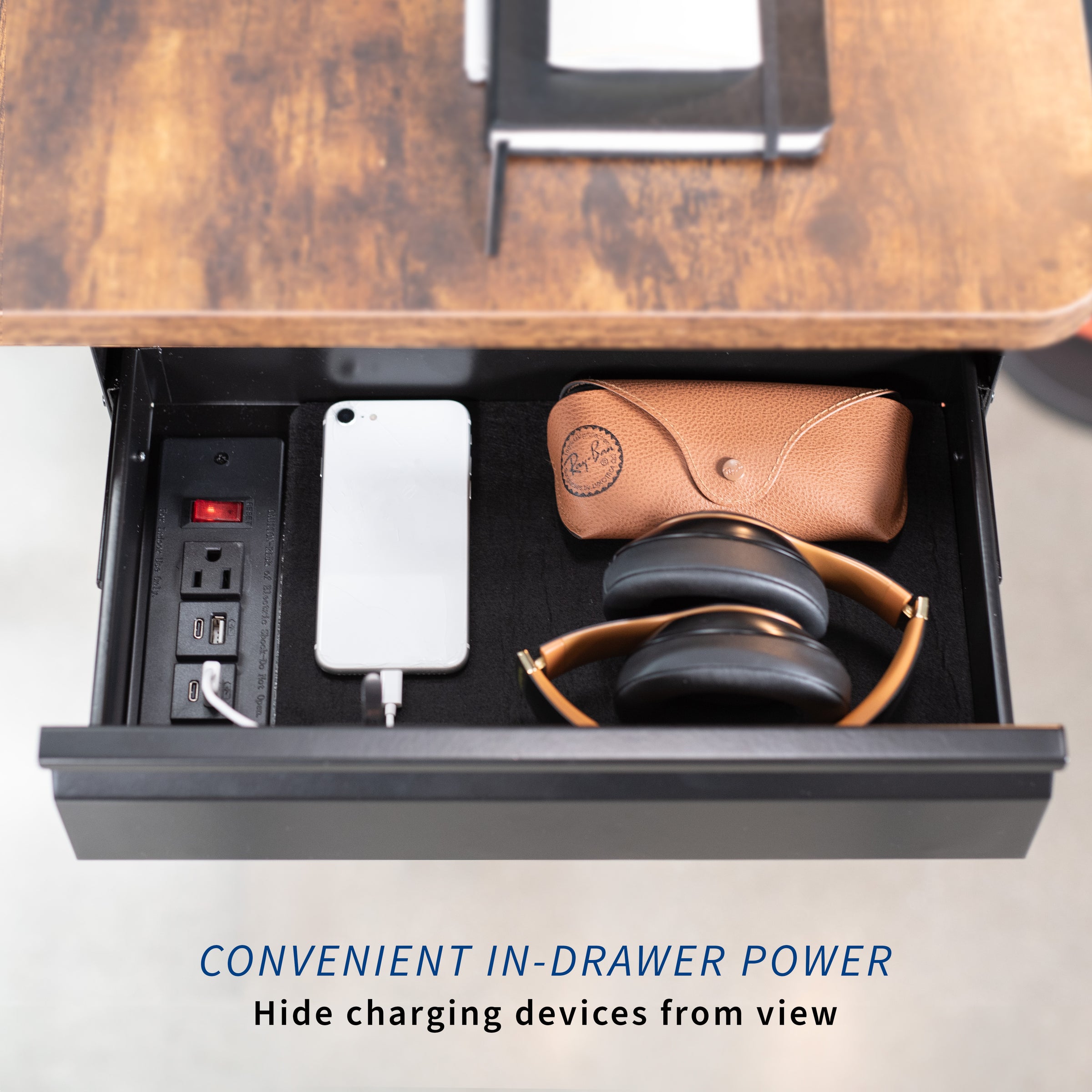 Black Pull Out 16" Under Desk Drawer with Power Strip – VIVO - desk ...