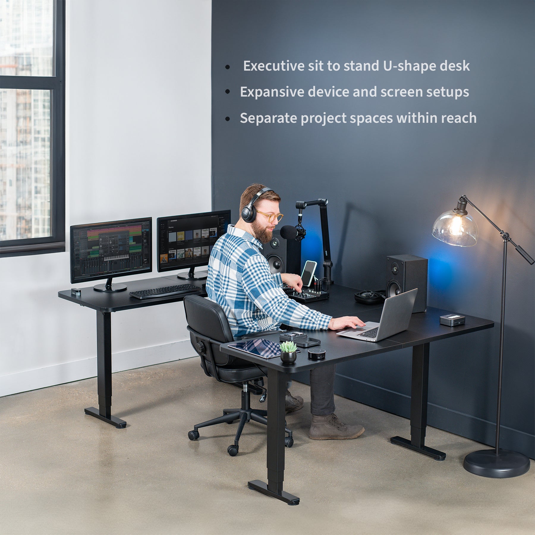Black U-Shaped 83" x 60" Dual Motor Electric Desk – VIVO - desk ...