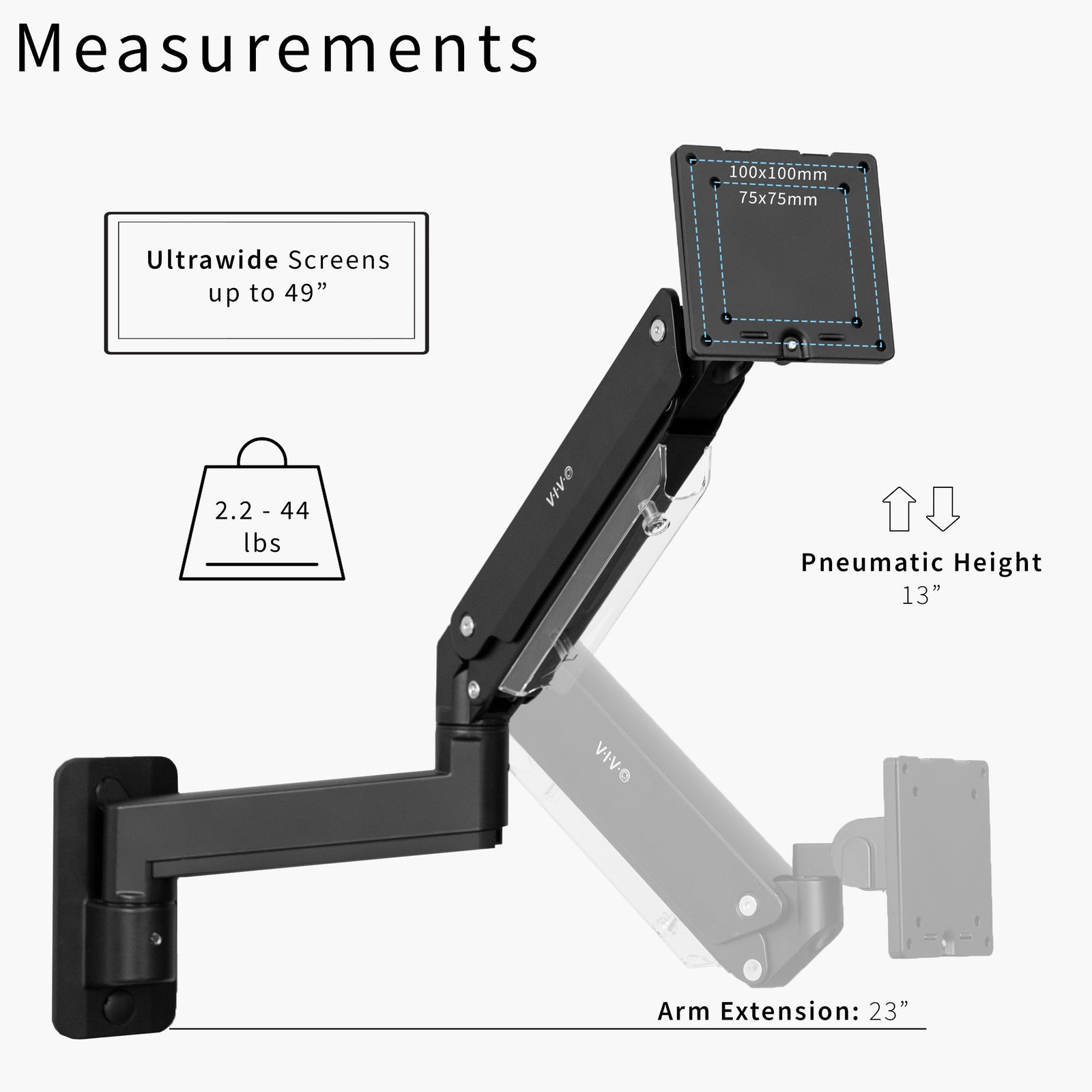 Pneumatic Arm Single Ultrawide Monitor Wall Mount - Up to 49" Screens ...