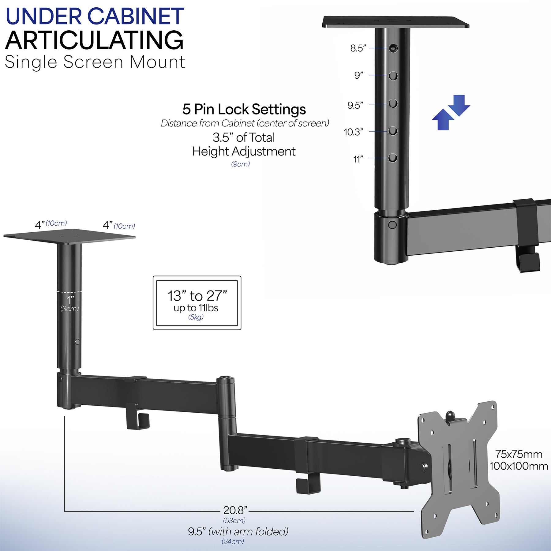Under Cabinet Articulating Single 13" to 27" Monitor/TV Mount – VIVO ...
