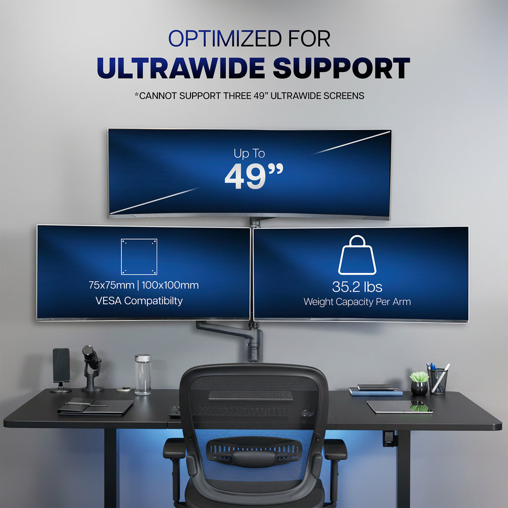 Pneumatic Arm Triple Ultrawide Monitor Extra Tall Wall Mount - Up to 4 ...