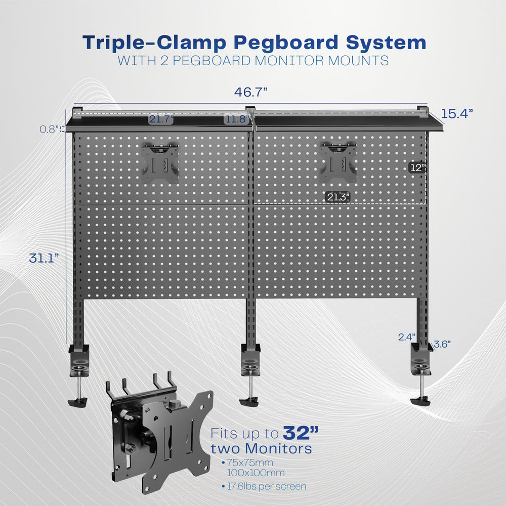 Clamp-on Pegboard with Monitor Mounts & Shelf - Up to 32" Screens ...