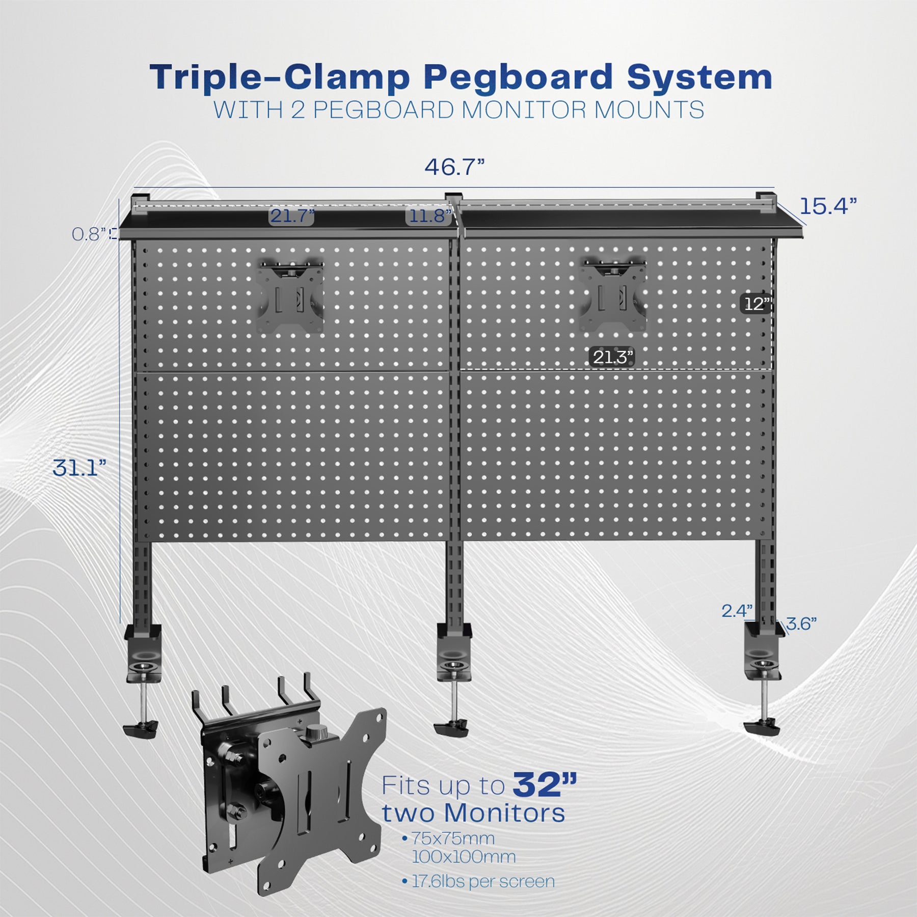 Clamp-on Pegboard with Monitor Mounts & Shelf - Up to 32" Screens ...