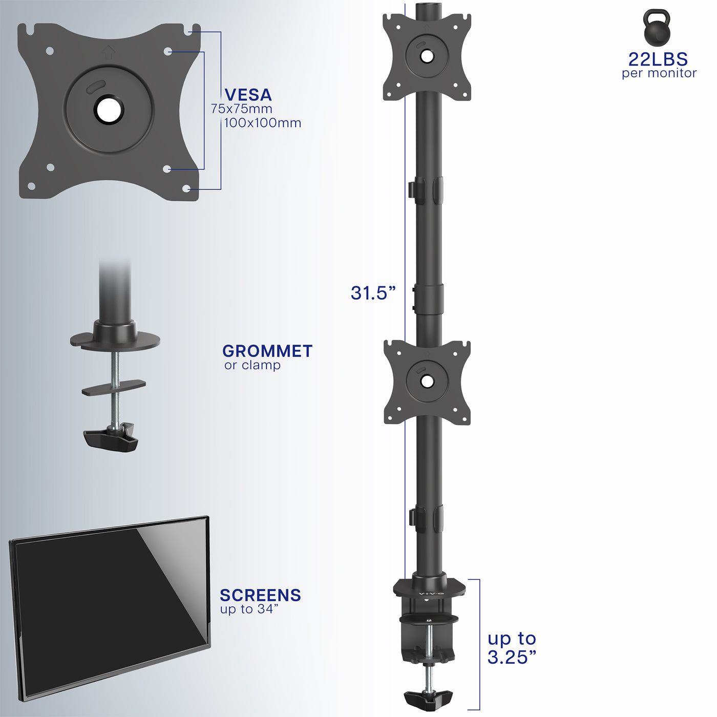 Vertical Dual Monitor Desk Mount - 13” to 34" Screens – VIVO - desk ...