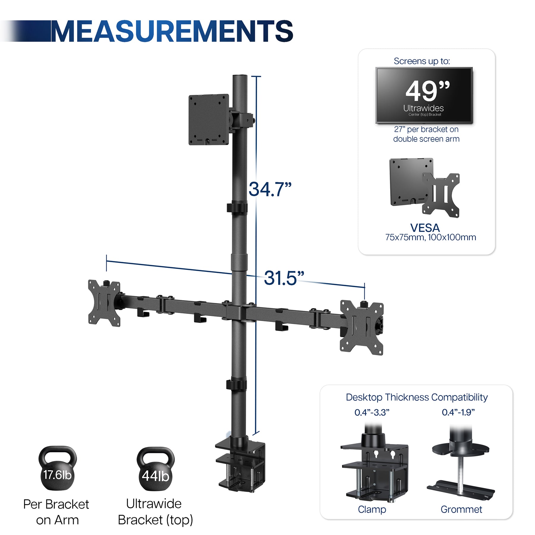 Triple Monitor Desk Mount (1 Ultrawide + 2 Standard) - Up to 49" Scree ...