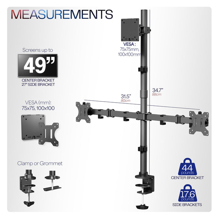 Triple Monitor Desk Mount (1 Ultrawide + 2 Standard) - Up to 49" Scree ...