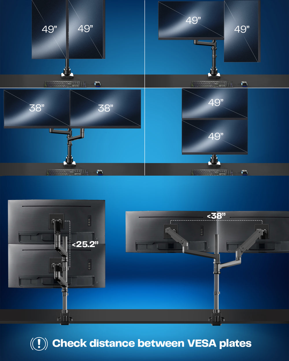 Pneumatic Arm Dual Ultrawide Monitor Extra Tall Desk Mount - Up to 49 ...