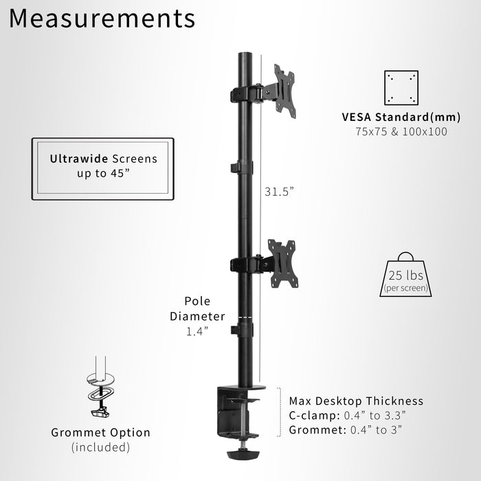 Dual Ultrawide Vertical Monitor Desk Mount - Up to 45" Screens – VIVO ...