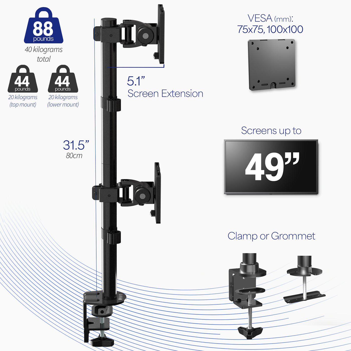 Dual Ultrawide Vertical Monitor Desk Mount - Up to 49" Screens – VIVO ...