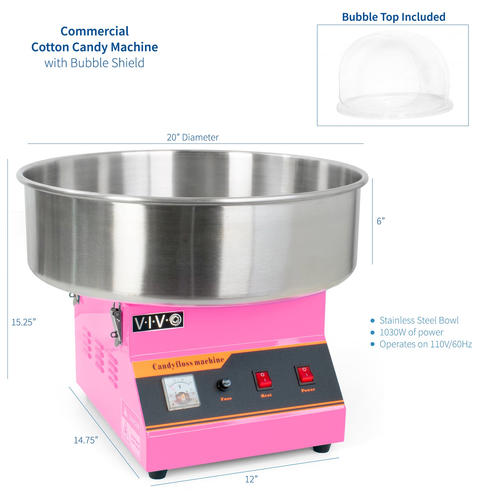 Electric Commercial Cotton Candy Machine with Bubble Shield – VIVO ...