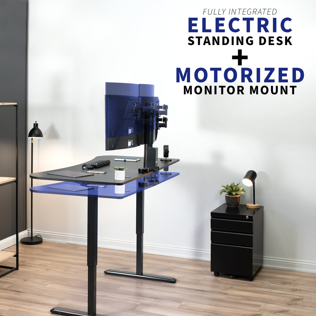 Black 63" x 32" Electric Desk with Motorized Dual Monitor Arm & Touch ...
