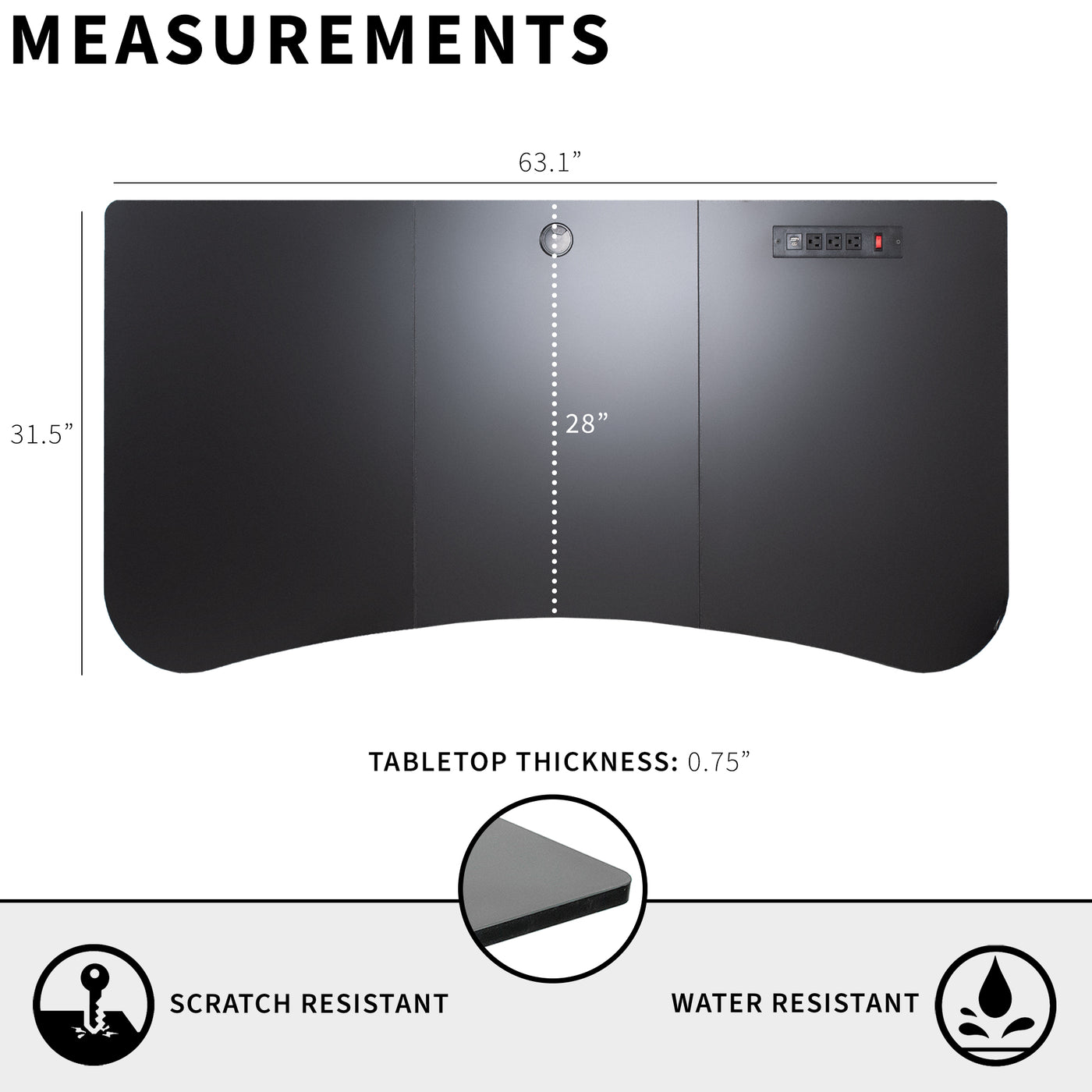 Black 63” x 32” Table Top with Built-in Power Strip – VIVO - desk ...