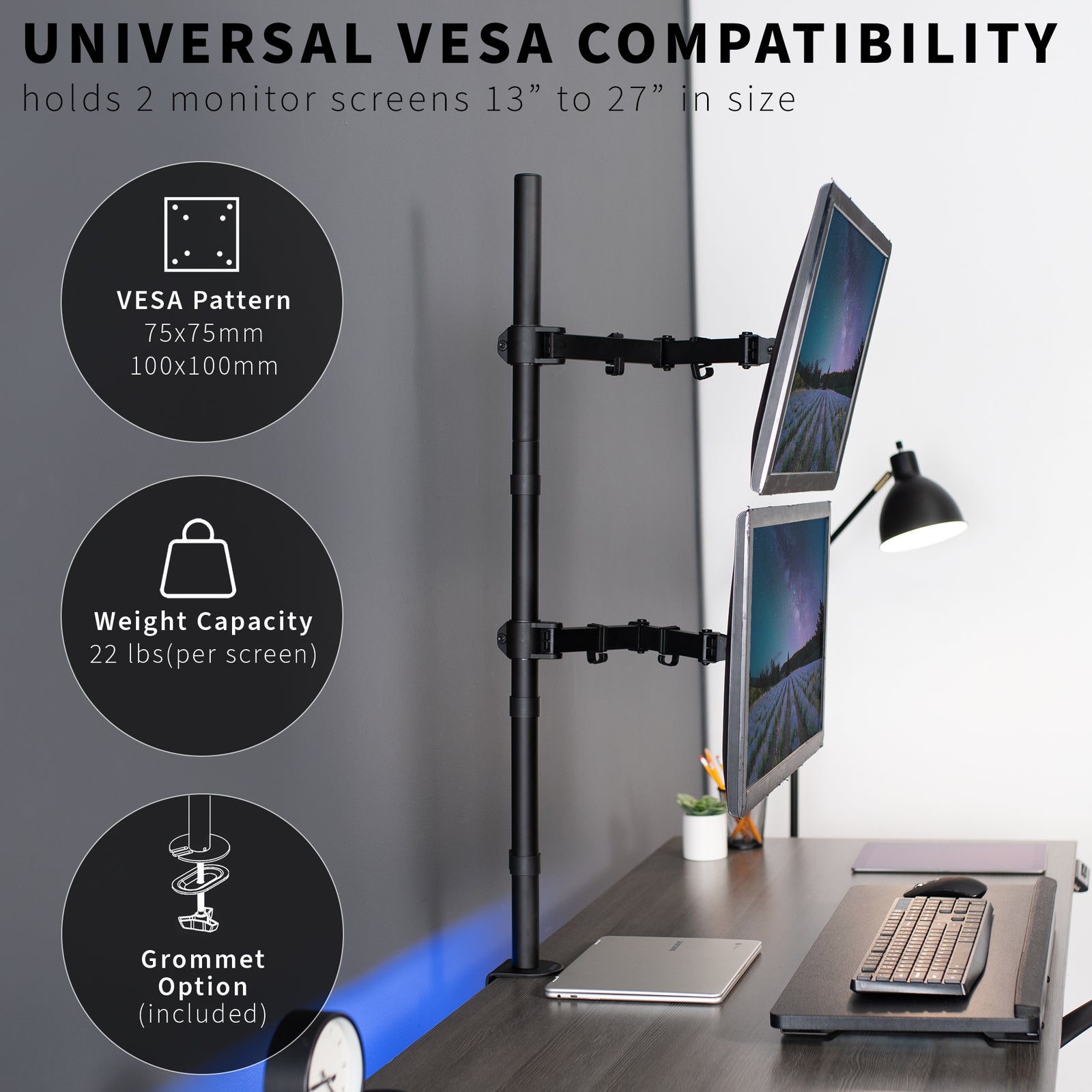 Vertical Dual Monitor Extra Tall Desk Mount - 13” to 27” Screens – VIVO ...