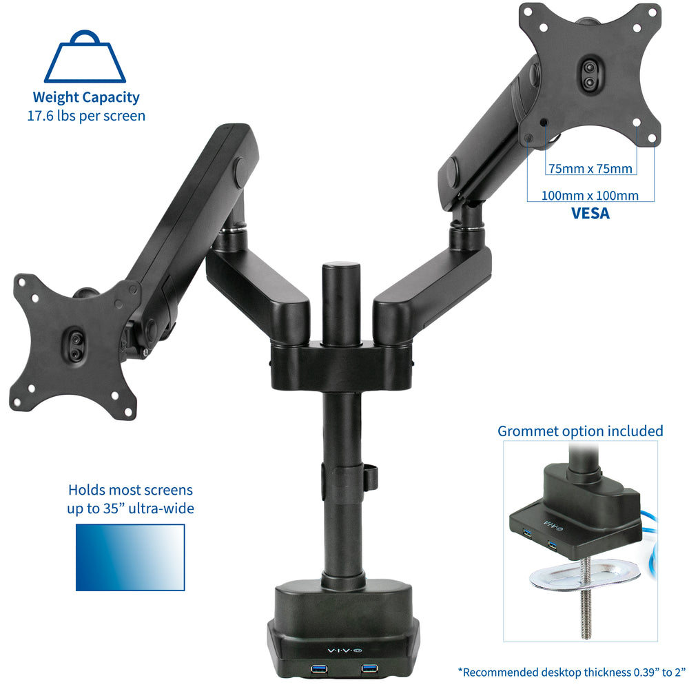 Mechanical Arm Dual Ultrawide Monitor Desk Mount with USB - Up to 35 ...
